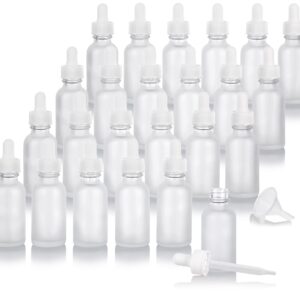 JUVITUS 1 oz Frosted Clear Glass Boston Round Bottle with White Dropper (24 pack) + Funnel