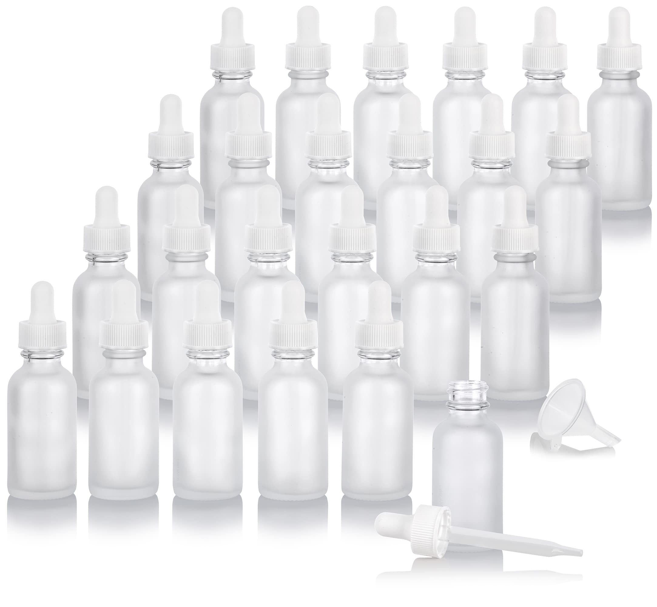 JUVITUS 1 oz Frosted Clear Glass Boston Round Bottle with White Dropper (24 pack) + Funnel