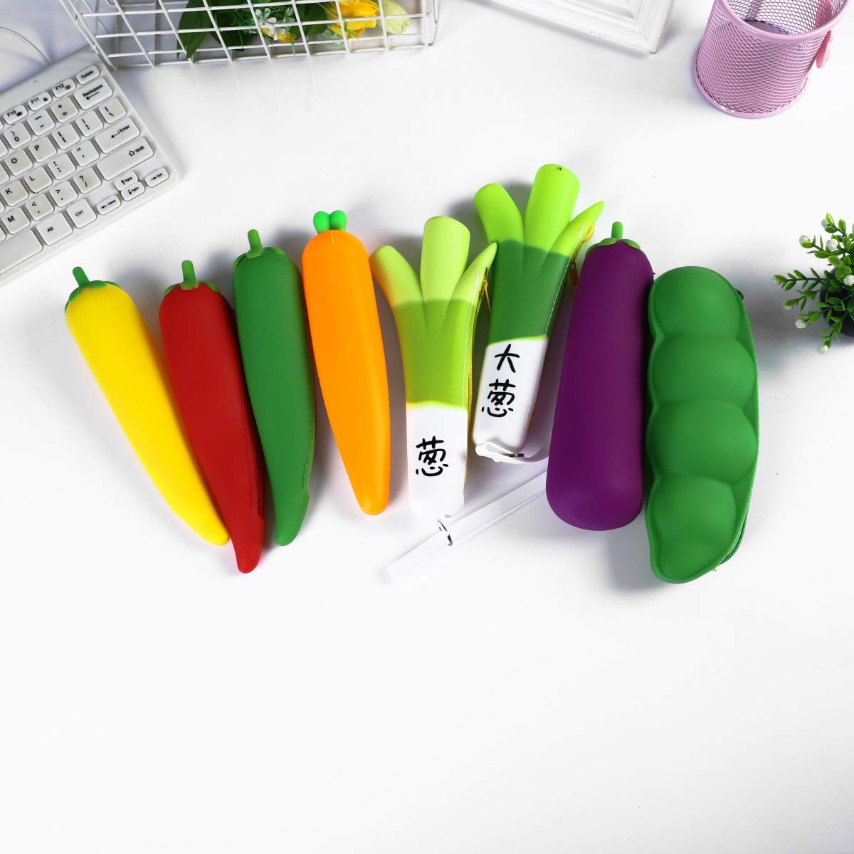 2-Pack Silicone Pencil Holder, Cute Zipper Case Makeup Bag Organizer Stationery Purse Wallet Cosmetic Brush Bags (Pineapple+Pea)