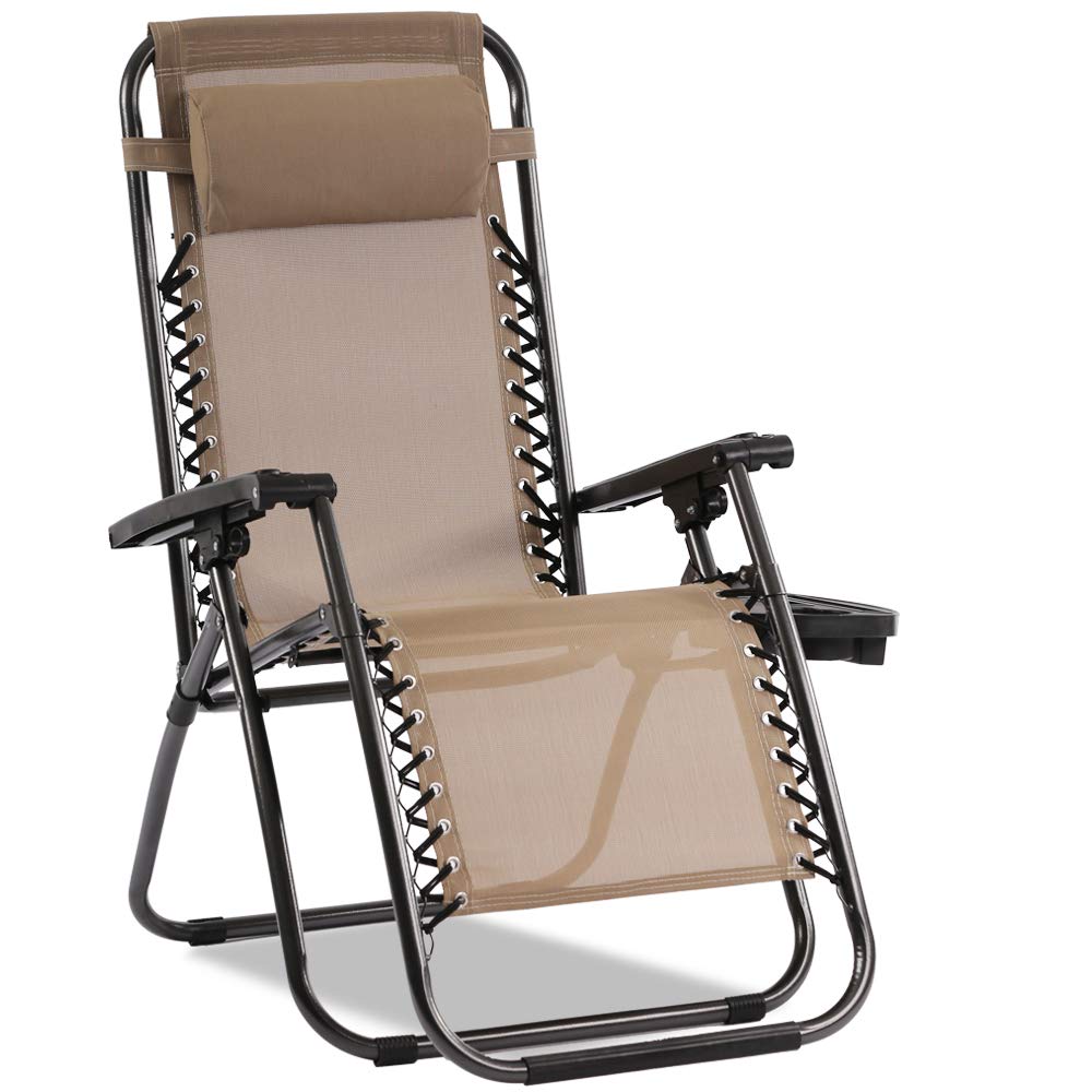 Zero Gravity Chair Patio Chair Lounge Chair Chaise Recliner Outdoor Folding Adjustable Heavy Duty Zero Gravity Chair with Cup Holder and Pillows for Patio, Pool, Beach, Lawn, Deck, Yard Tan