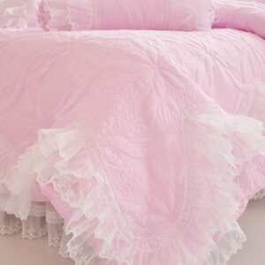 BERTERI Princess Bedding Set Cotton Duvet Cover with Lace Edge Thick Quilted Bed Skirt Twin Queen King Size Romantic Bedline Set for Girls Gift