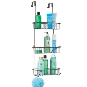 mdesign extra large metal over shower door caddy, hanging bathroom storage organizer center with built-in hooks and baskets on 3 levels for shampoo, body wash, loofahs - black