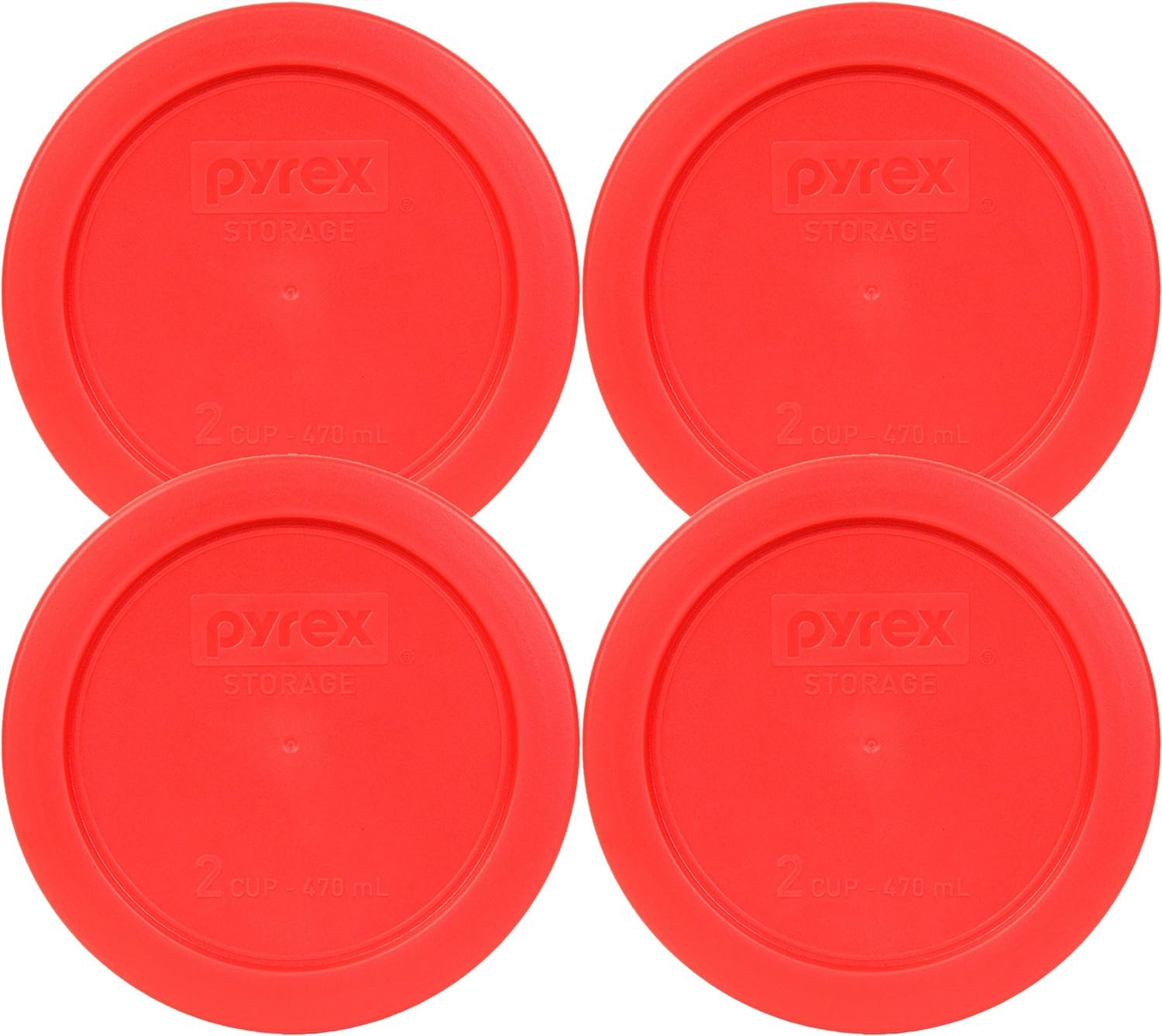 Pyrex 7200-PC Red 2 Cup Round Plastic Food Storage Lid, Made in USA - 4 Pack - Original Genuine Pyrex - Made in the USA