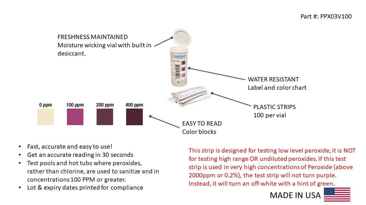 Hydrogen Peroxide H2O2 Test Strips, 0-400 ppm [Vial of 100 Strips]