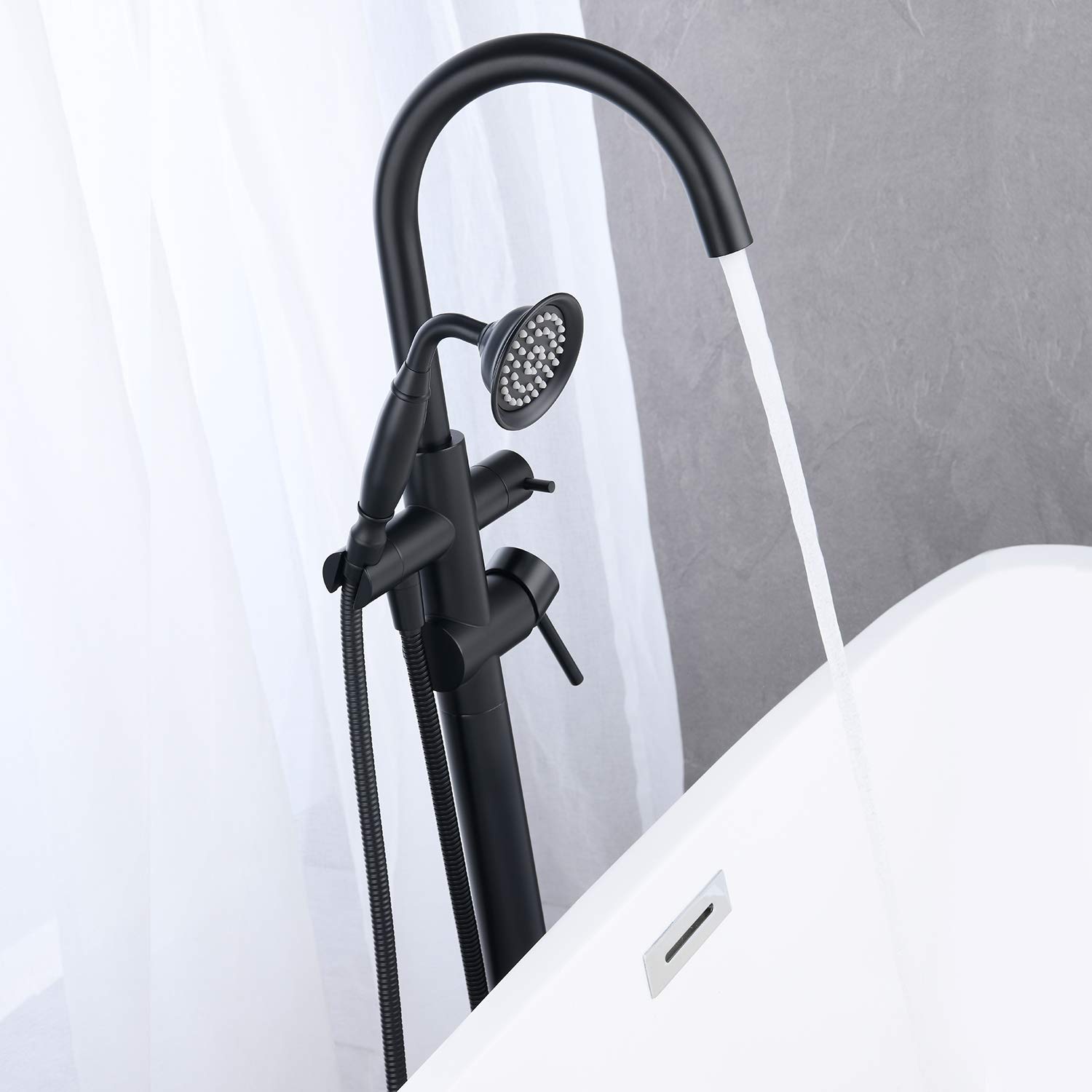 Wowkk Tub Filler Freestanding Bathtub Faucet Black Floor Mounted Brass Bathroom Tub Faucets with Hand Shower