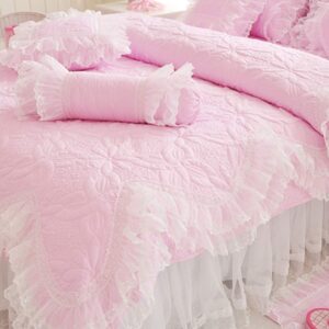 BERTERI Princess Bedding Set Cotton Duvet Cover with Lace Edge Thick Quilted Bed Skirt Twin Queen King Size Romantic Bedline Set for Girls Gift