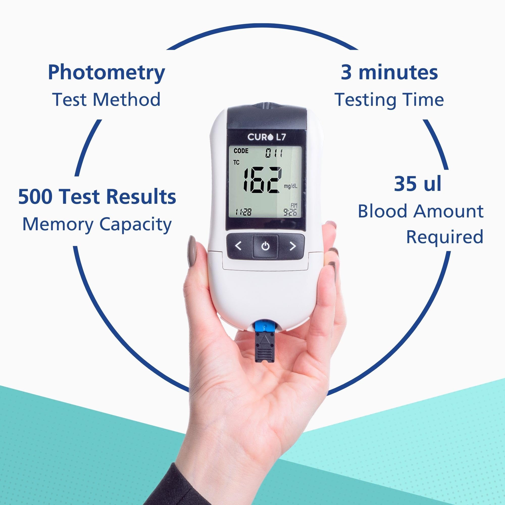 CURO L7 - Professional Home Cholesterol Testing with Lipid Blood Test Kit - Easy to Use, Accurate Results, Comprehensive Breakdown, Memory Storage, and Exceptional Support