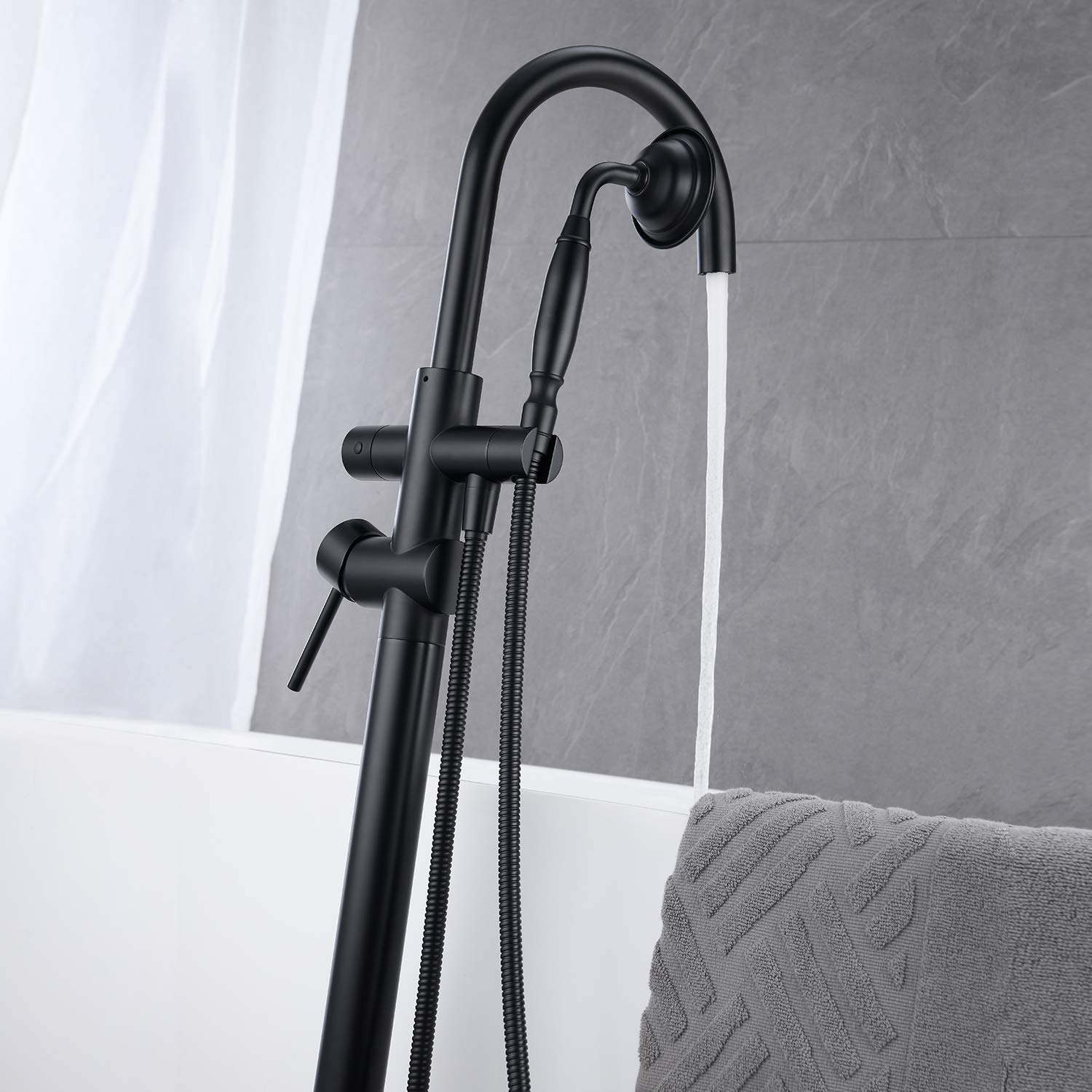 Wowkk Tub Filler Freestanding Bathtub Faucet Black Floor Mounted Brass Bathroom Tub Faucets with Hand Shower