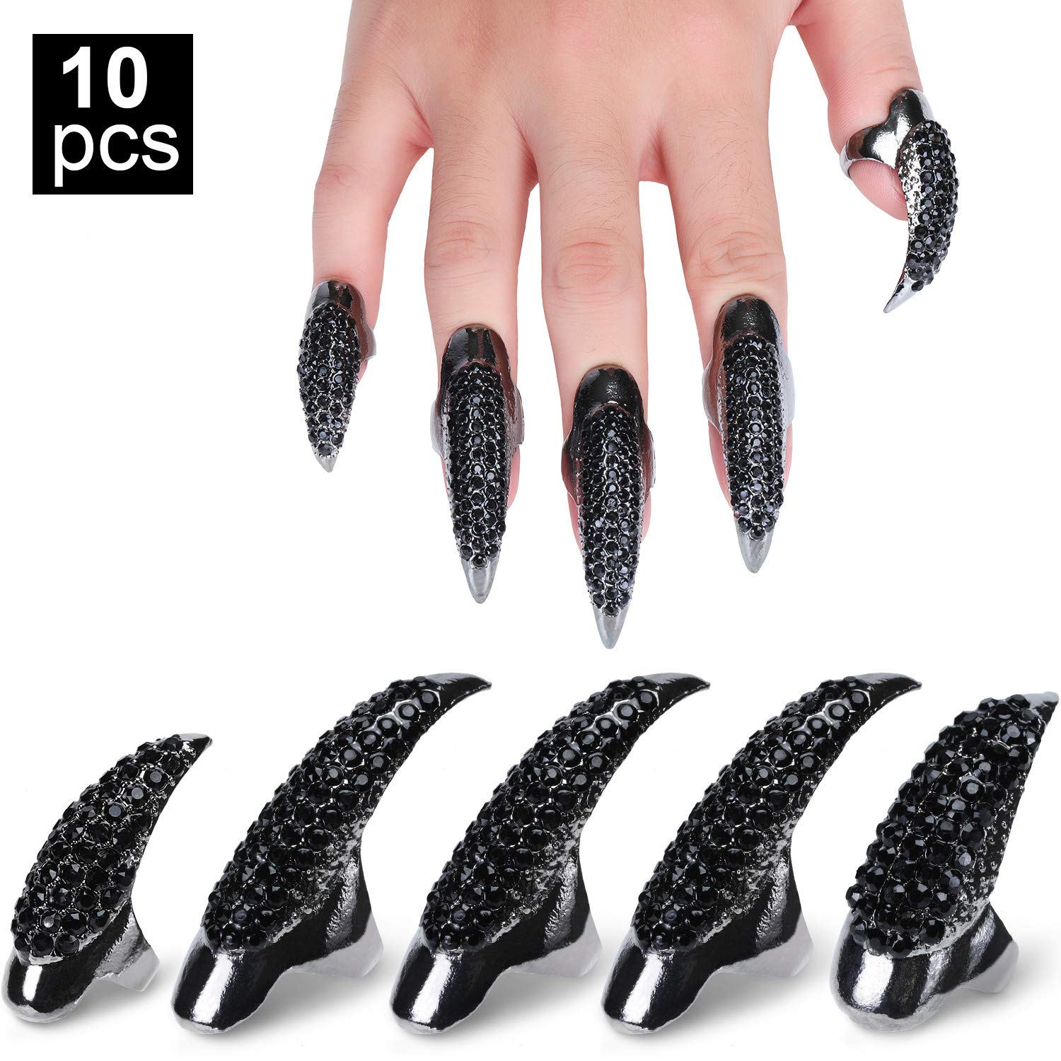 Hicarer 10 Pcs Halloween Nail Claw Ring Costume Claws Metal Punk Fake Nails Claw Set Gothic Full Finger Rings Claw for Men Women Halloween Party Favor Cosplay Supplies, 3 Sizes