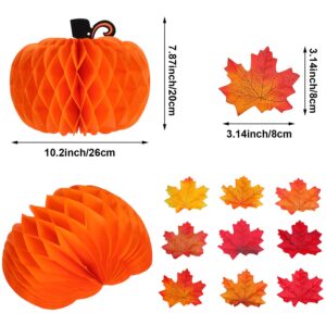 WILLBOND 5 Pieces Fall Tissue Paper Pumpkin and 200 Pieces Autumn Maple Leaves Fall Artificial Pumpkin Honeycomb Maple Leaves for Halloween Thanksgiving Fall Festival Holiday Party Favor