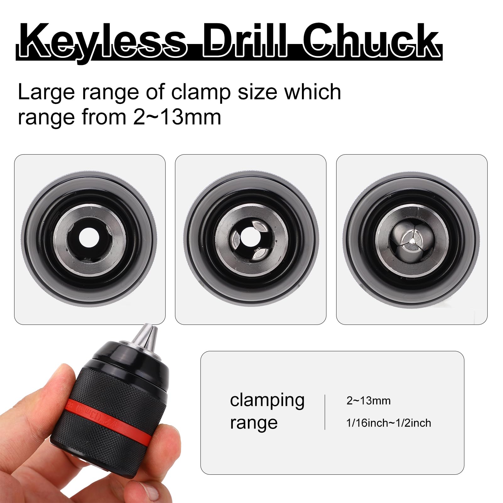 YWBL-WH Multi Keyless Chuck, Keyless Hand Drill Chuck 1/2-20UNF Mount 1~13mm Self-tighten Drill Chuck for Multiple Purposes