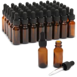 juvale 48 count 1 oz amber glass dropper bottles and 6 funnels for essential oils and perfumes (30 ml, 54 pieces)