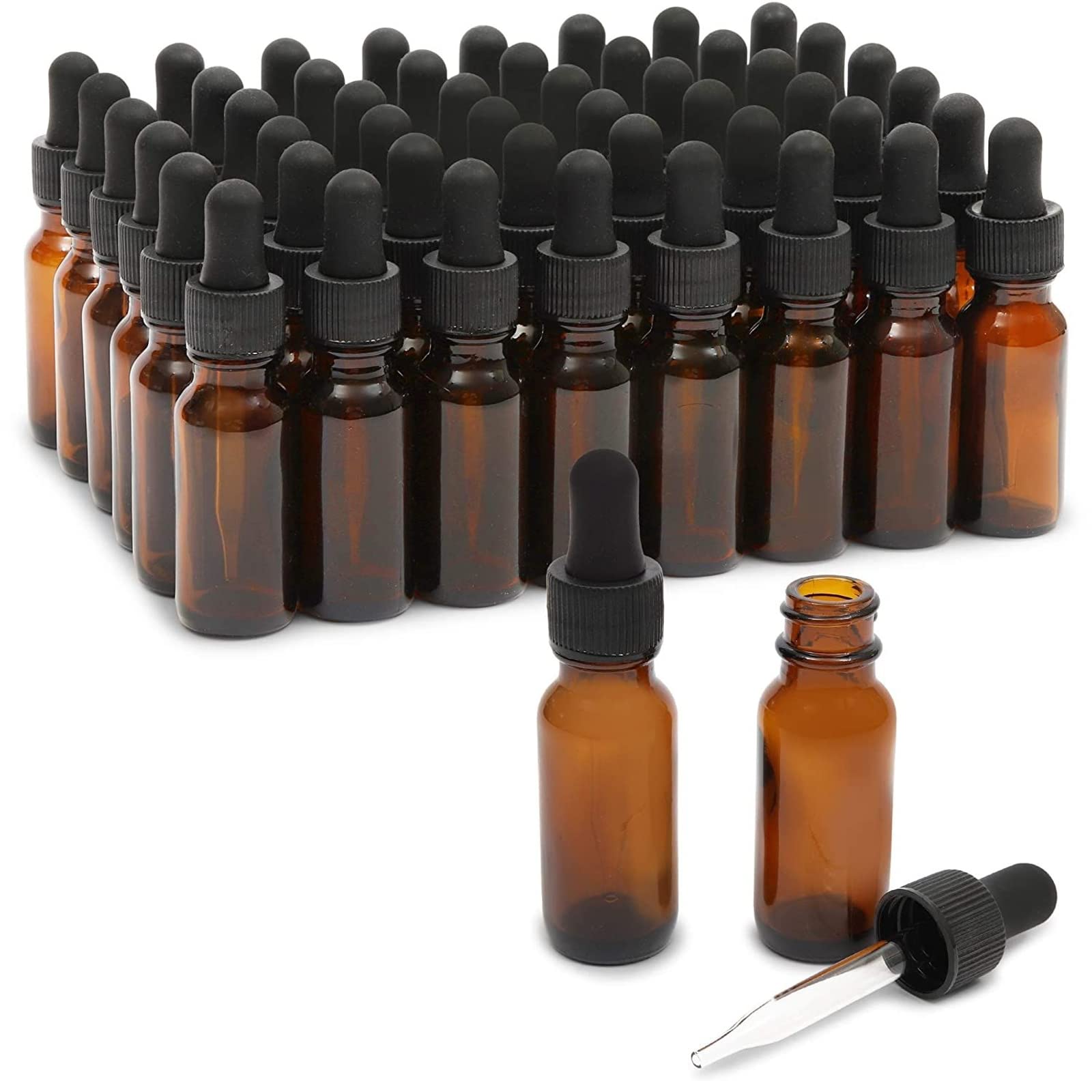 Juvale 48 Count 1 oz Amber Glass Dropper Bottles and 6 Funnels for Essential Oils and Perfumes (30 ml, 54 Pieces)