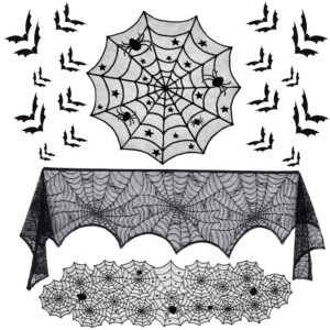 orgrimmar 35 pcs halloween decorations set include lace spider web table runner, round lace table cover, fireplace scarf cover and 32 pieces 3d bats wall sticker decal