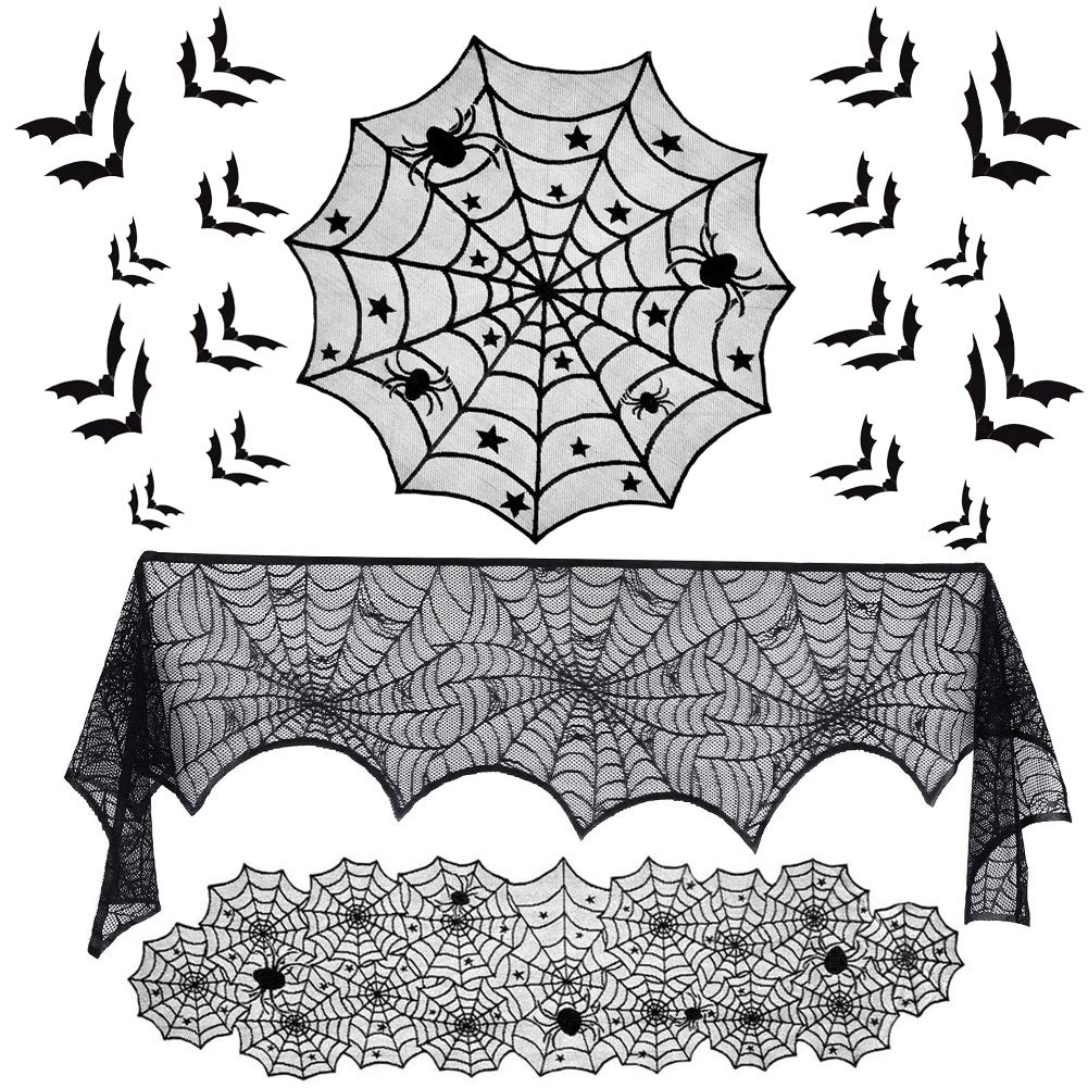 Orgrimmar 35 PCS Halloween Decorations Set Include Lace Spider Web Table Runner, Round Lace Table Cover, Fireplace Scarf Cover and 32 Pieces 3D Bats Wall Sticker Decal