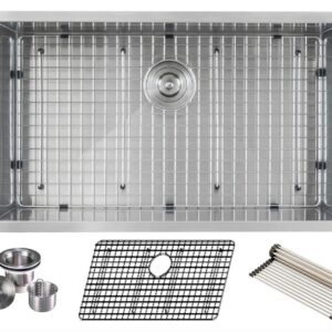 KABCO K-SSZRIS5 16 Gauge 28 Inch Undermount Zero Radius Stainless Steel Kitchen Sink Big Single Bowl Stainless Steel Grid Combo Package 28"L X 18"W X 10"D Inch