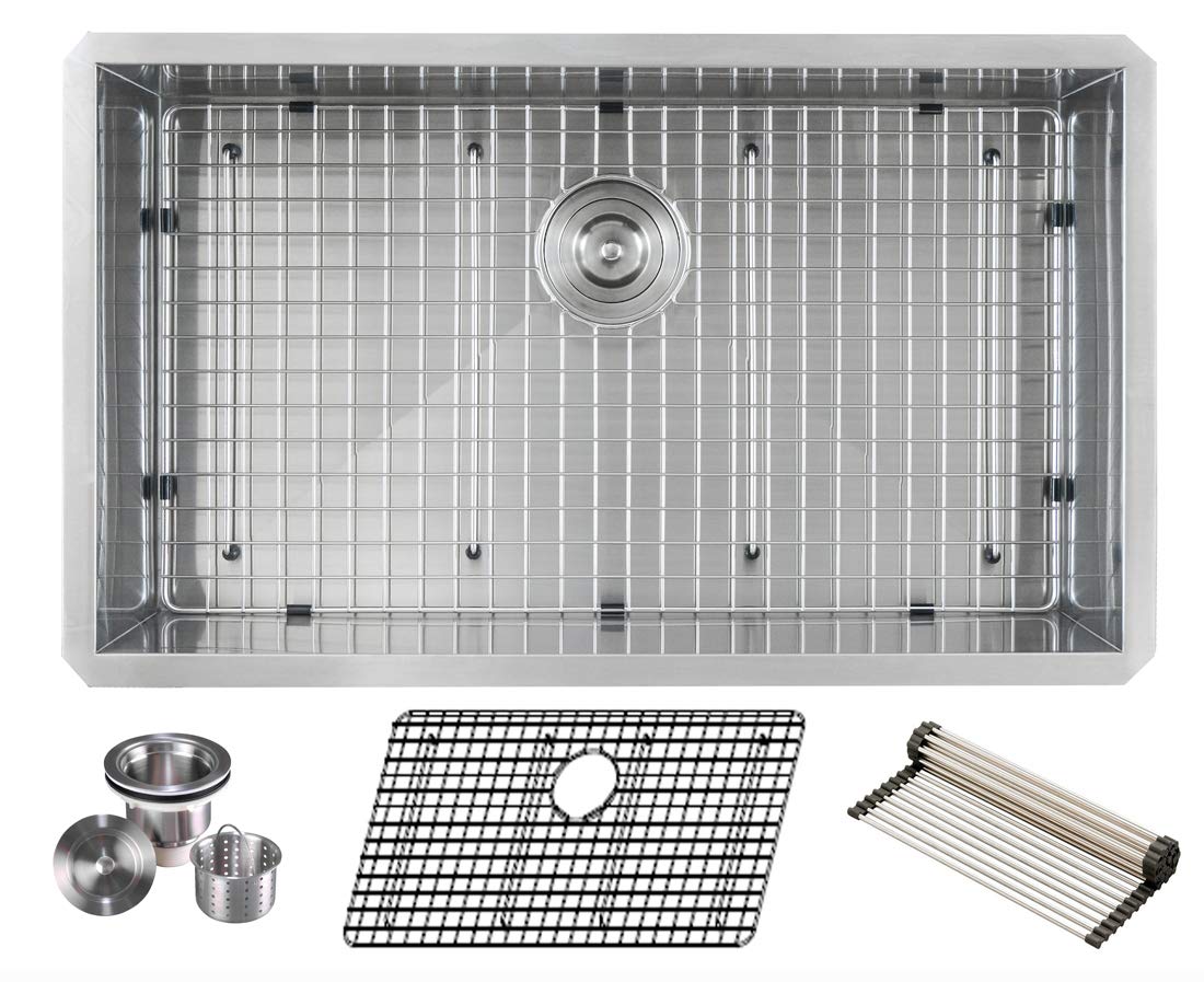 KABCO K-SSZRIS5 16 Gauge 28 Inch Undermount Zero Radius Stainless Steel Kitchen Sink Big Single Bowl Stainless Steel Grid Combo Package 28"L X 18"W X 10"D Inch