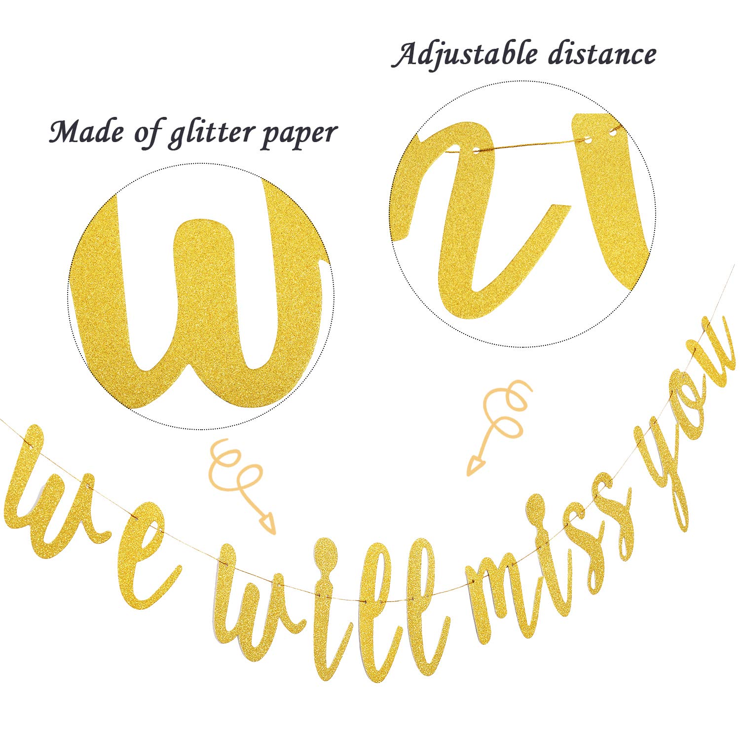 We Will Miss You Banner Gold Glitter Retirement Sign Farewell Banner with Cake Topper for Retirement Graduation Going Away Farewell Office Work Party Decorations