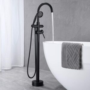 Wowkk Tub Filler Freestanding Bathtub Faucet Black Floor Mounted Brass Bathroom Tub Faucets with Hand Shower