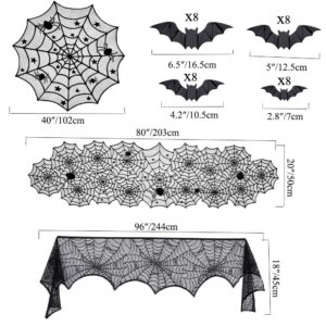 Orgrimmar 35 PCS Halloween Decorations Set Include Lace Spider Web Table Runner, Round Lace Table Cover, Fireplace Scarf Cover and 32 Pieces 3D Bats Wall Sticker Decal