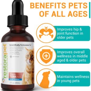 RestoraPet Organic Cat Supplement | Healthy & Safe Antioxidant Liquid Drops | Anti-Inflammatory Multi-Vitamin | Increases Mobility & Energy | Cat Joint Supplement | Tuna Flavored