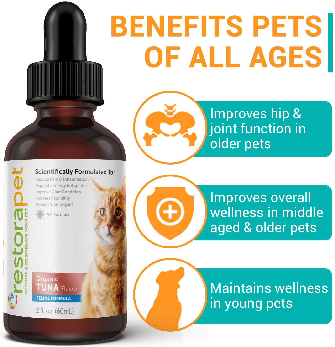 RestoraPet Organic Cat Supplement | Healthy & Safe Antioxidant Liquid Drops | Anti-Inflammatory Multi-Vitamin | Increases Mobility & Energy | Cat Joint Supplement | Tuna Flavored