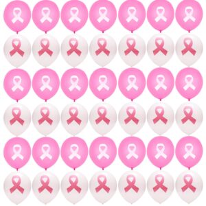 Llxieym 60 Pieces Pink Ribbon Balloons Breast Cancer Awareness Balloons Set for Party with 6 Rolls Ribbons (pink&white)