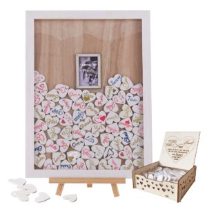 wedding guest book, y&k homish drop top frame sign book with 100pcs wooden hearts, rustic wedding decorations and gift (white wooden frame + picture/ photo)