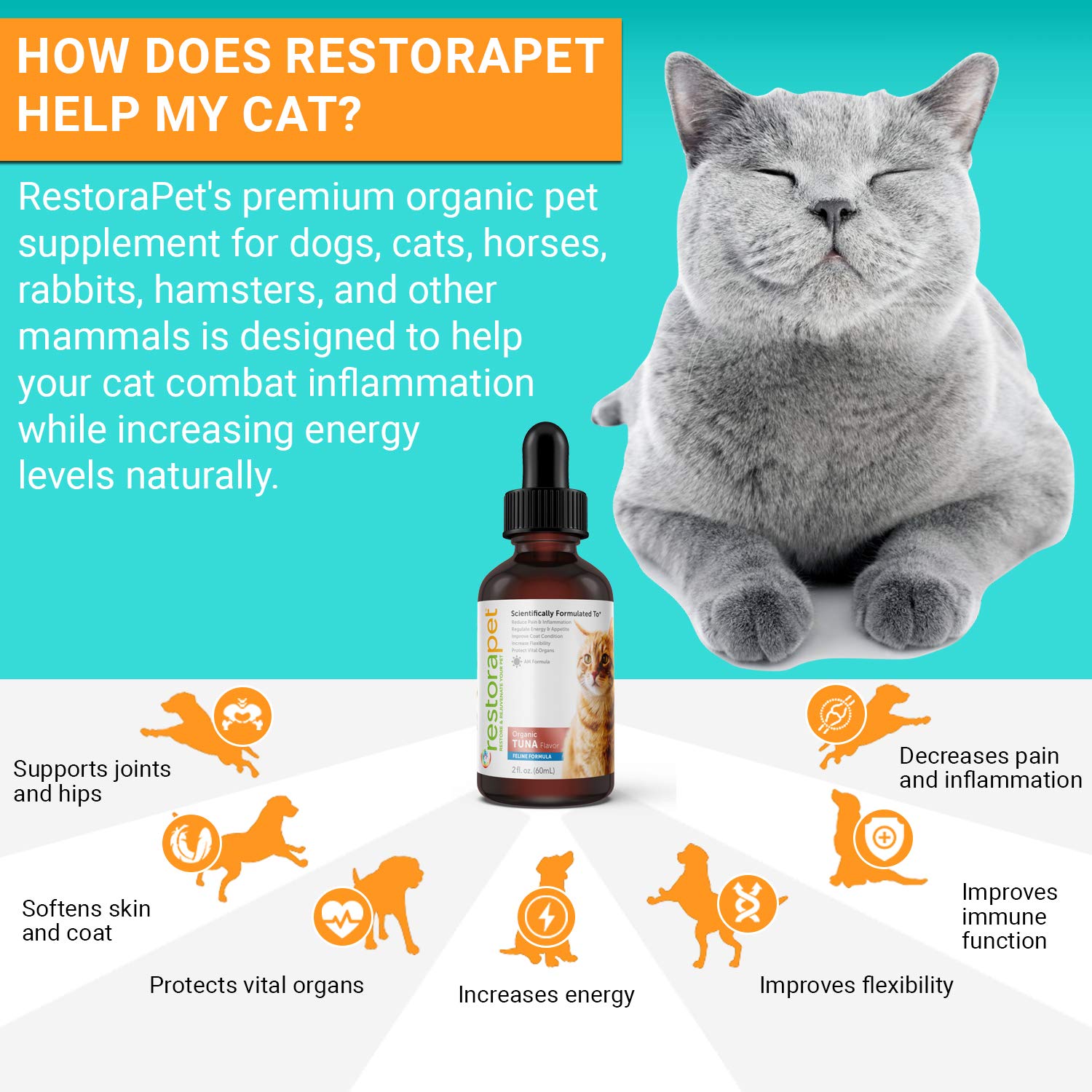 RestoraPet Organic Cat Supplement | Healthy & Safe Antioxidant Liquid Drops | Anti-Inflammatory Multi-Vitamin | Increases Mobility & Energy | Cat Joint Supplement | Tuna Flavored