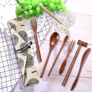 OKA Reusable Wooden Travel Cutlery Set Japanese Style Lunch Utensil Set with Case,9 Pcs Wooden Flatware Including Reusable Knife Fork Spoon Chopsticks Straws & Cleaning Brush