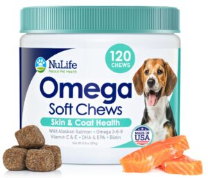 omega skin and coat chews for dogs, wild salmon dog treats with biotin & vitamin e, helps with itchy skin, allergy relief & shedding, omega 3 6 9, epa & dha fatty acids, made in usa, 120 chews