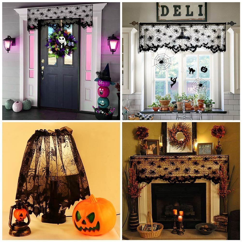 HIPIHOM 2Pcs Halloween Lampshades Black Lace Spider Window Wag Fireplace Mantle Scarf for Halloween Home Decor, 18 X 60 inch