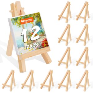 wowoss 12 pack 5" mini wood display easel, natural wooden tripod holder stand for displaying small canvases, business cards, photos