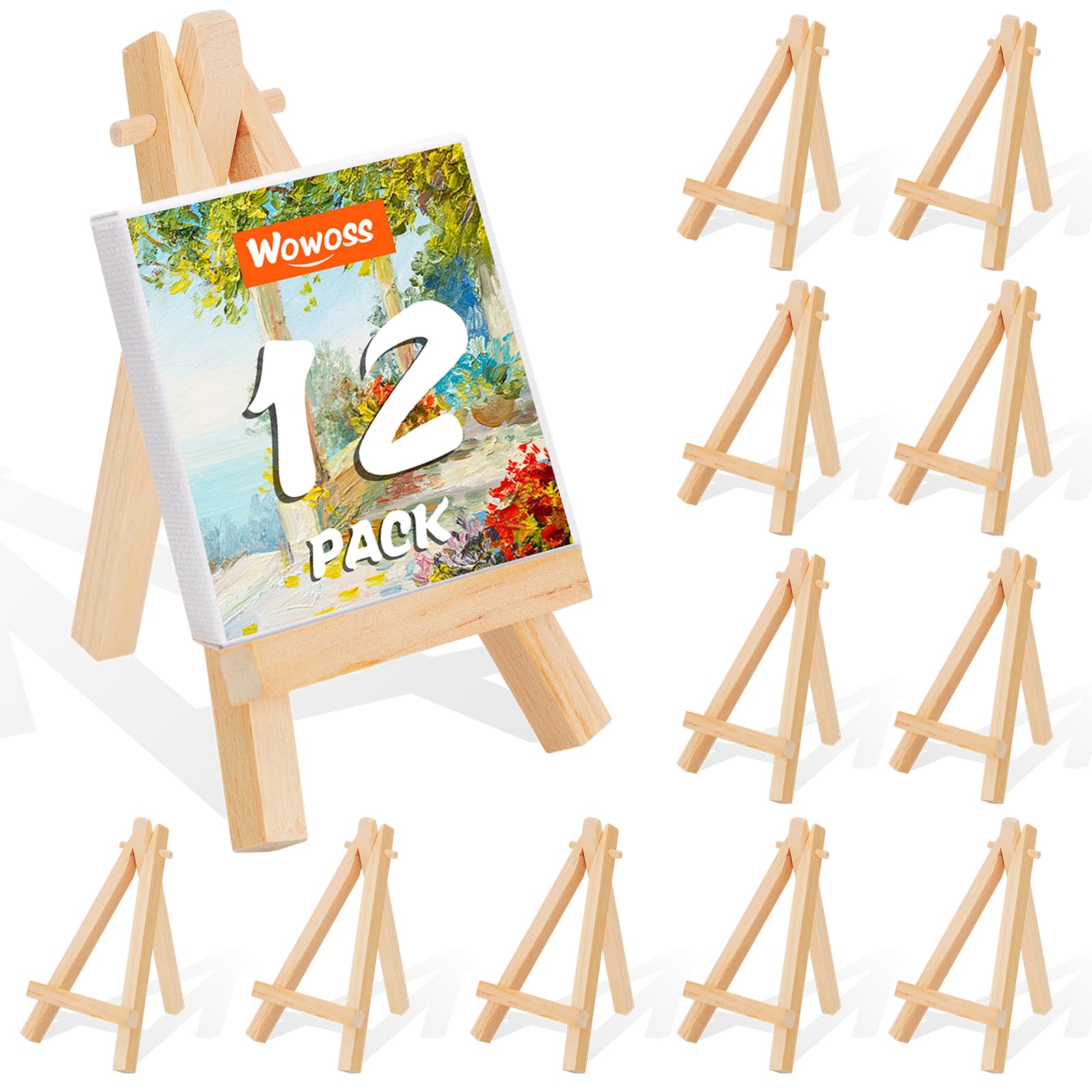 WOWOSS 12 Pack 5" Mini Wood Display Easel, Natural Wooden Tripod Holder Stand for Displaying Small Canvases, Business Cards, Photos