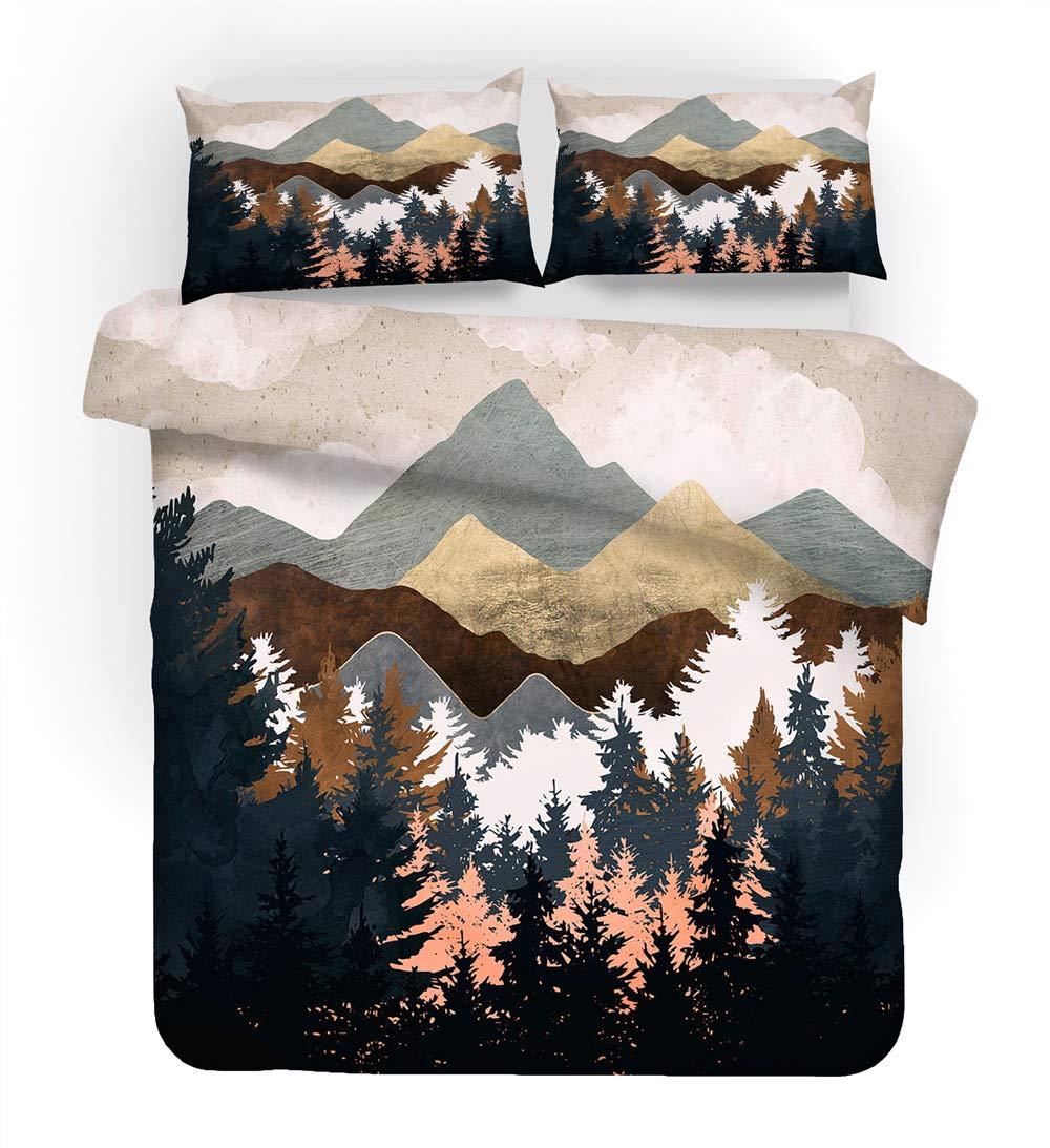 REALIN Hawthorn Bedding 3D Duvet Cover Set Japan Forest Mountain River Bed Sets 2/3/4PCS Quilt Covers/Sheets/Pillow Shams,Twin/Full/Queen/King (Twin-172x218cm-3PCS,E)