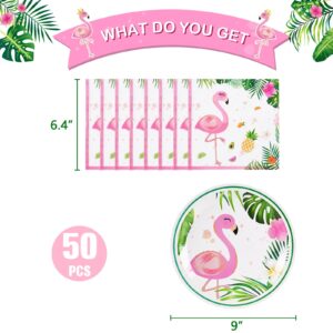 WERNNSAI Flamingo Plates and Napkins Set - Serves 50 Guests 100 PCS Hawaiian Luau Party Supplies Disposable Tableware Set Dinner Luncheon Plates Napkins for Birthday Baby Shower Wedding Party