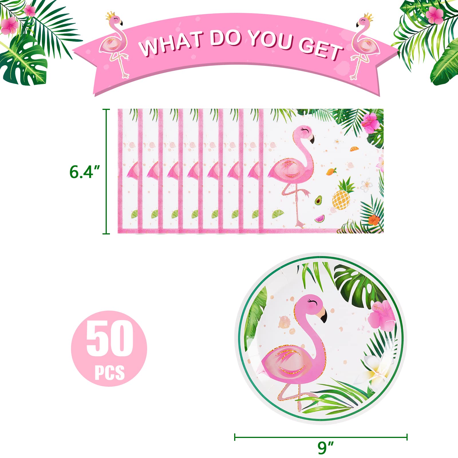 WERNNSAI Flamingo Plates and Napkins Set - Serves 50 Guests 100 PCS Hawaiian Luau Party Supplies Disposable Tableware Set Dinner Luncheon Plates Napkins for Birthday Baby Shower Wedding Party