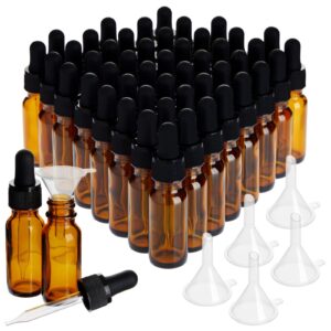 juvale 48 pack .5 oz amber glass bottles with dropper dispenser and 6 funnels for essential oils, aromatherapy, liquids (54 total pieces, 15ml)