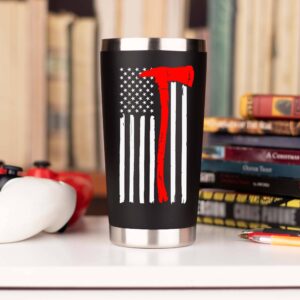 Firefighter Gifts for Men | Stainless Steel Travel Tumbler/Mug with Lid for Coffee Cup| Thin Red Line Flag Design for Fireman | Fire Department | First Responder Valentine's Day Gift (20oz Black)