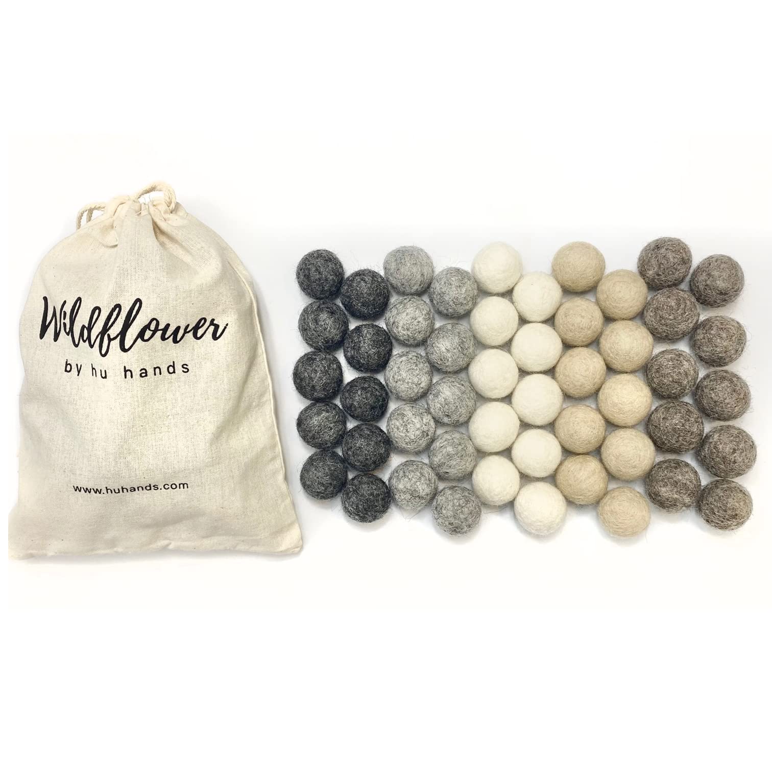 Wildflower by hu hands Weathered Naturals Wool Felt Balls (50) Pom Poms in Neutral Earth Tones for Crafts, Garland, & Decor .8-1 Inch Size | Hand Felted in Nepal 100% NZ Wool | Bag Included