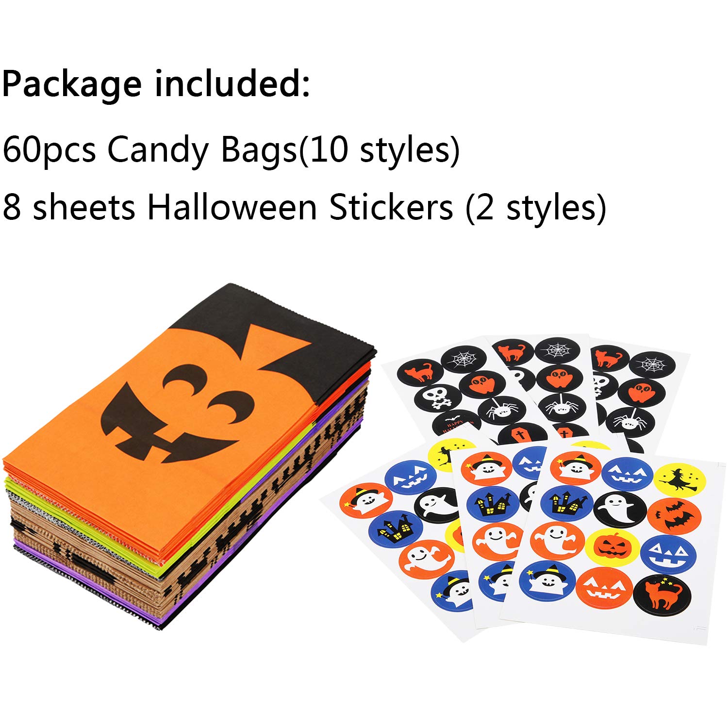 Outus 60 Pieces Halloween Goddie Bag Halloween Paper Gift Bags Trick or Treat Bags Party Favor Candy Bags with 66 Pieces Halloween Stickers