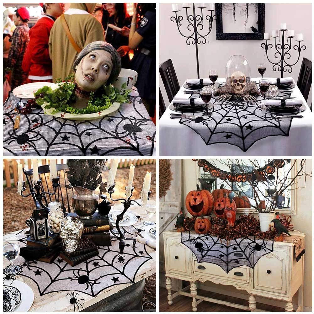 Orgrimmar 35 PCS Halloween Decorations Set Include Lace Spider Web Table Runner, Round Lace Table Cover, Fireplace Scarf Cover and 32 Pieces 3D Bats Wall Sticker Decal