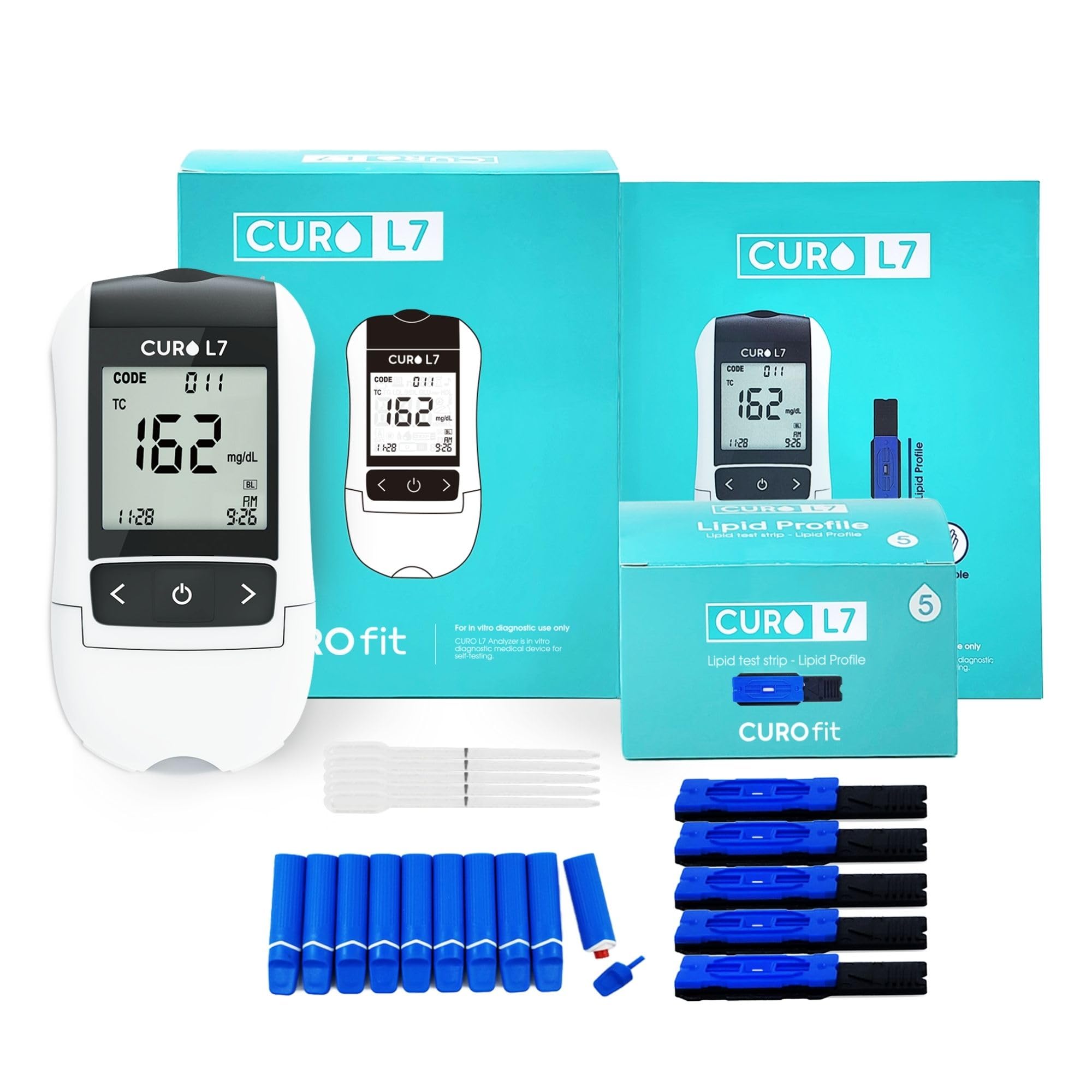 CURO L7 - Professional Home Cholesterol Testing with Lipid Blood Test Kit - Easy to Use, Accurate Results, Comprehensive Breakdown, Memory Storage, and Exceptional Support