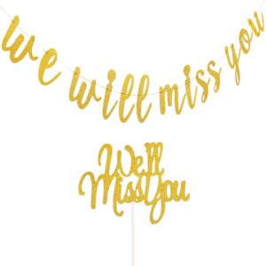 we will miss you banner gold glitter retirement sign farewell banner with cake topper for retirement graduation going away farewell office work party decorations