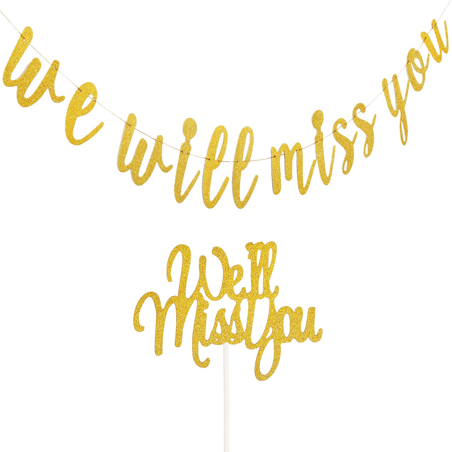 We Will Miss You Banner Gold Glitter Retirement Sign Farewell Banner with Cake Topper for Retirement Graduation Going Away Farewell Office Work Party Decorations