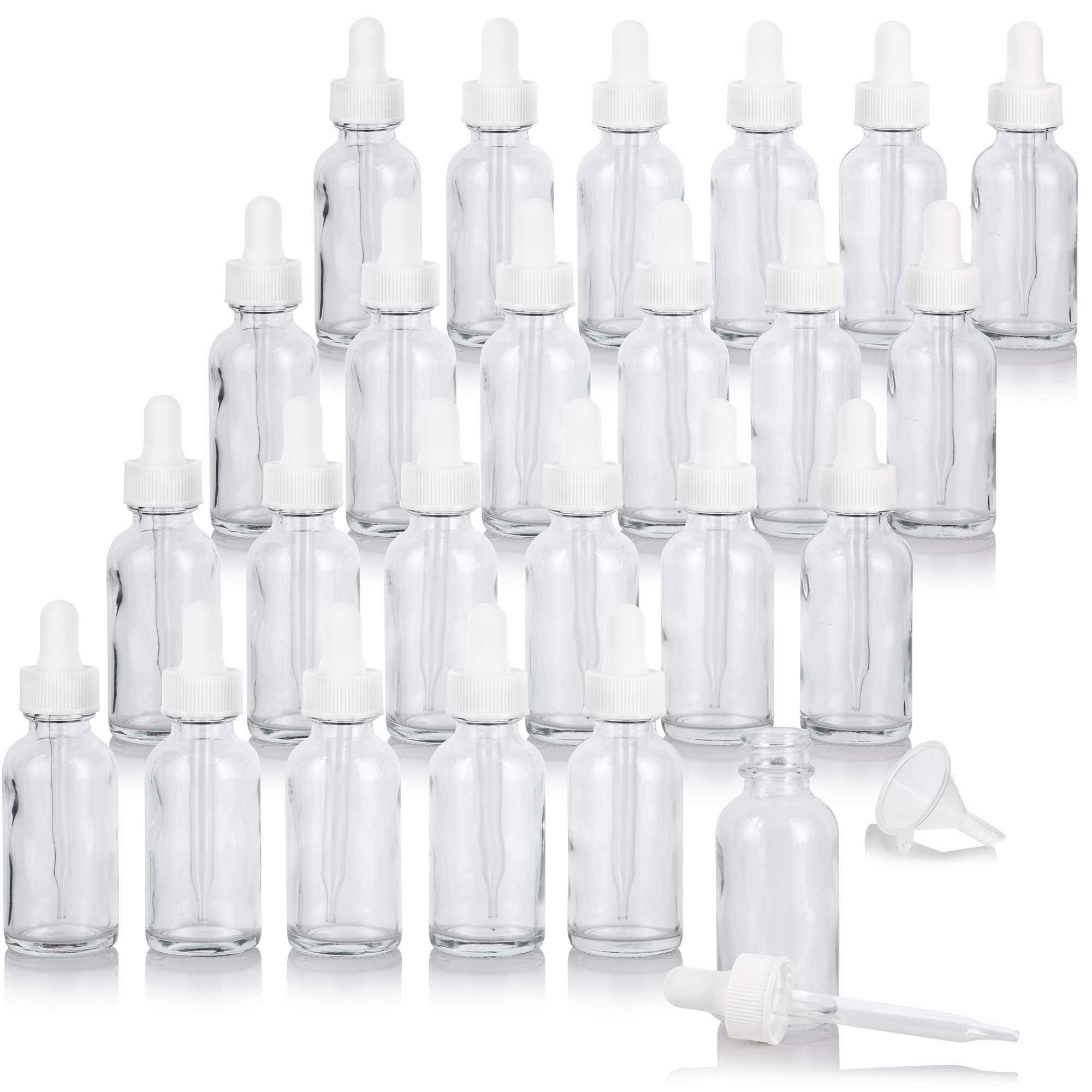 JUVITUS 1 oz / 30 ml Clear Glass Boston Round Bottle with White Dropper (24 pack) + Funnel