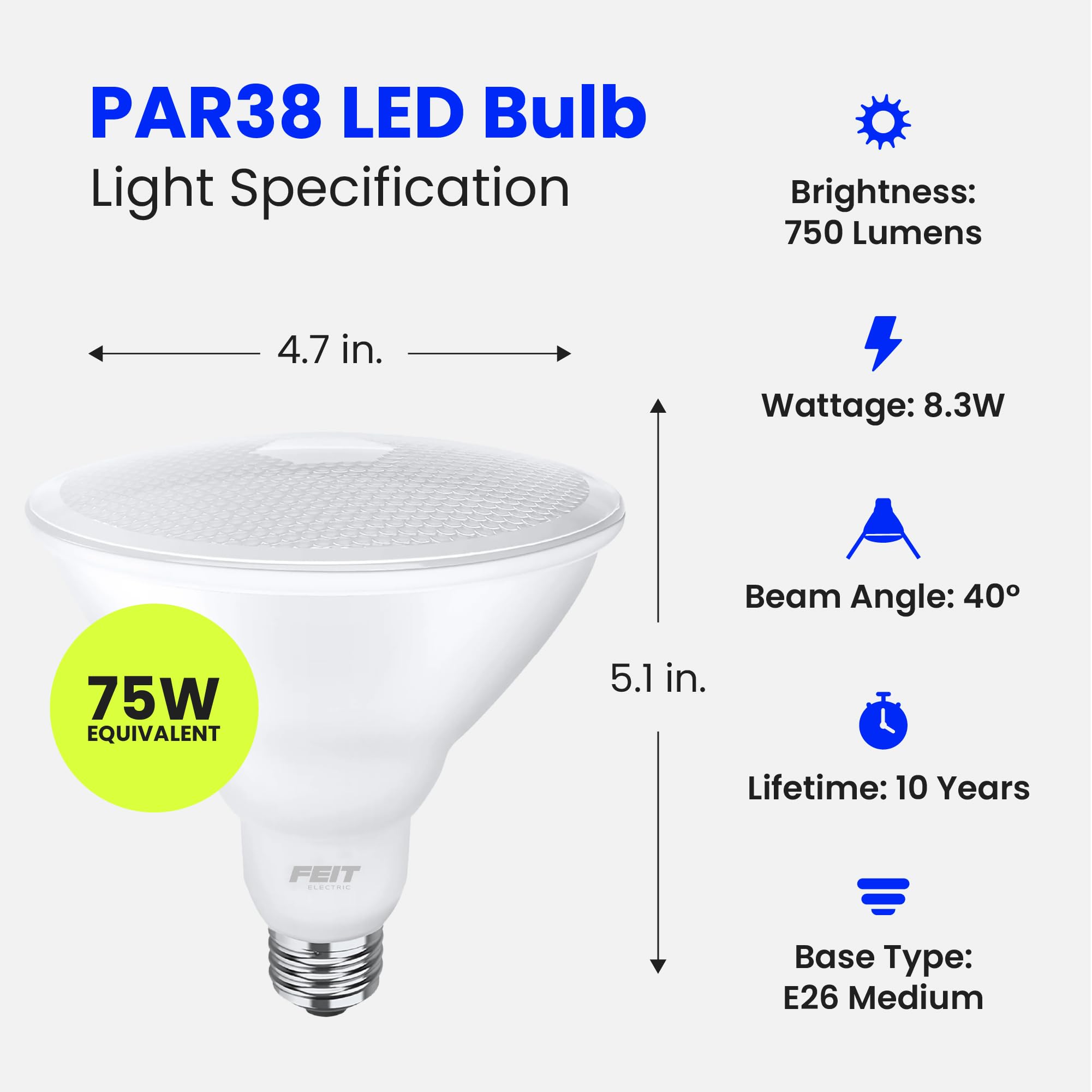 Feit Electric LED PAR38 Bulbs, 75W Equivalent, Non Dimmable, 3000k Bright White, 750 Lumens, 10 Year Lifetime, E26 Base, PAR38 Flood Lights, CRI 90, Damp Rated, 4 Pack, PAR38/930CA10K/MP/4