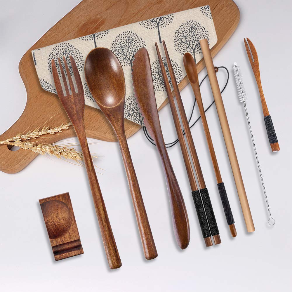 OKA Reusable Wooden Travel Cutlery Set Japanese Style Lunch Utensil Set with Case,9 Pcs Wooden Flatware Including Reusable Knife Fork Spoon Chopsticks Straws & Cleaning Brush