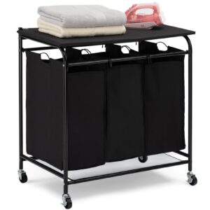 hollyhome rectangular laundry sorter with folding ironing board, 3-section laundry basket sorter with lockable wheels for laundry bedroom bathroom living room black