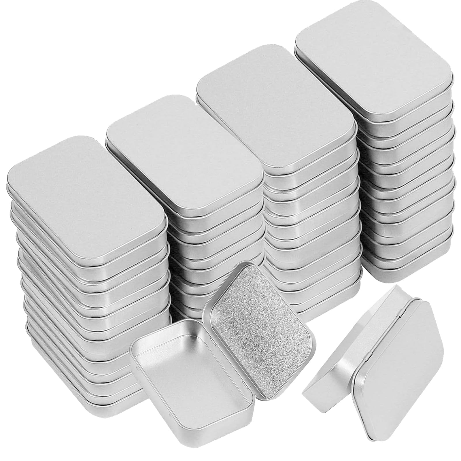 KINJOEK 42 PCS Metal Rectangular Empty Hinged Tins, 3.7 x 2.4 x 0.8 Inch Portable Sealed Containers Storage Boxes with Lids for Small items, Silver